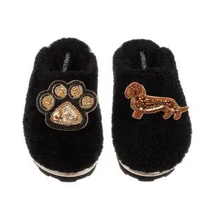 LAINES LONDON Teddy Closed Toe Slippers With Paw & Red Dachshund Brooches - Black
