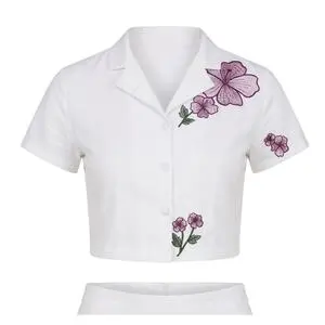 ASHITA FERNANDES Floral Cropped V-neck Button Down Shirt - White