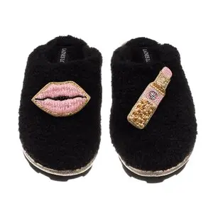 LAINES LONDON Teddy Towelling Slippers With Lipstick And Lips Brooches - Black