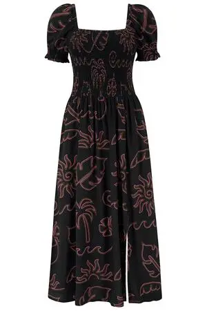 SUGARHILL BRIGHTON Shirred Midi Dress With Tropical Print