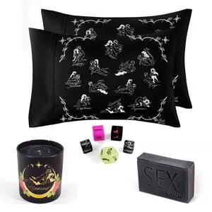 BLACK CAKE Aquarius Pleasure Pack- Zodiac Horoscope Love Pillowcase, Soap, Dice, Candle Set - Black