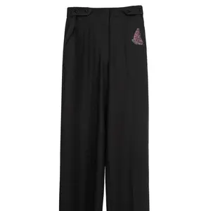 RONDOOZ Hand-painted Crepe Wide-leg Trousers With Floral Stone Embellishment - Black