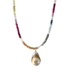 HERSELF COLLECTIONS Baroque Pearl Pendant Rainbow Sapphire Necklace - Blue