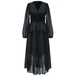 SMART AND JOY Long Ruffle Chiffon Dress - Black