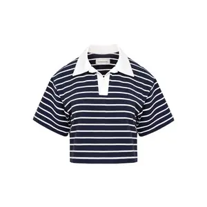 MANDRAGORA Navy Striped Cotton Cropped Top With Collar – Goia - Blue