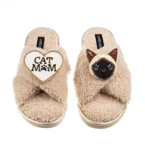 LAINES LONDON Embellished Boucle Slippers With Removable Cat Brooches - Brown
