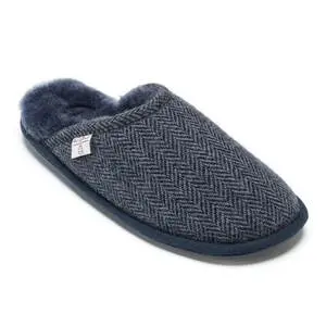 BEDROOM ATHLETICS Blue / Black William Harris Tweed Sheepskin Lined Mule Slippers Navy Herringbone - Blue/black