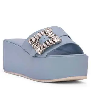 BEAUTIISOLES BY ROBYN SHREIBER Dita Leather Slide Mule Espadrille Sandal With Embellished Buckle - Blue