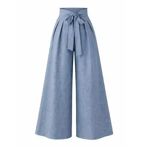 NIKKA PLACE Wide Leg Baggy Linen Pants With High Waist And Front Tie In Melange - Blue