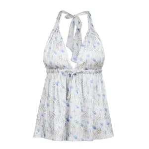 MODALLICA Sophie White Printed Babydoll Organic Peace Silk Top With Blue Flowers - White/blue