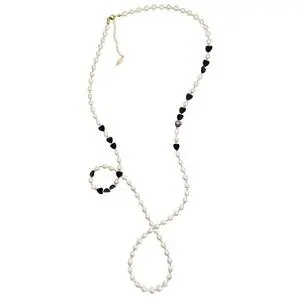 FARRA Freshwater Pearls With Heart Black Obsidian Long Necklace - White