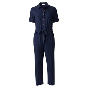 LOUCHE Justin Linen Mix Short Sleeve Jumpsuit Navy - Blue