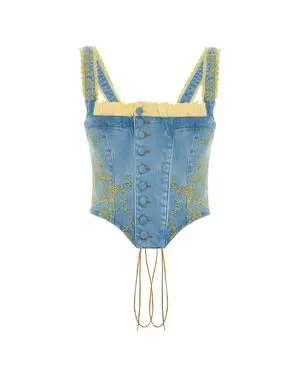 MAISON SEL Embroidered Panelled Denim Corset - Blue