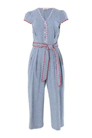 LOUCHE Marleen Gingham Ric Rac Trim Cropped Jumpsuit - Blue