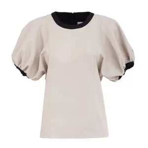 JULIA ALLERT Neutrals Puff Sleeve Faux Leather Top – Beige - Beige/black