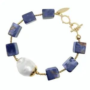 FARRA Blue / White Square Lapis Lazuli With Baroque Pearl Bracelet - Blue/white