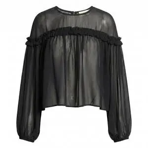 MODENAIRE Sheer Ruffle Blouse Fluid Silhouette - Black