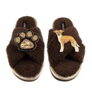 LAINES LONDON Neutrals Boucle Slippers With Paw & Fawn & White Italian Greyhound Brooches Chocolate - Brown
