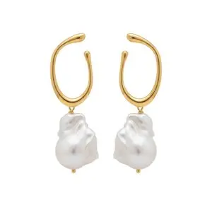 LINYA JEWELLERY Big Natural Baroque Pearl Dangle Silver Earring - Gold