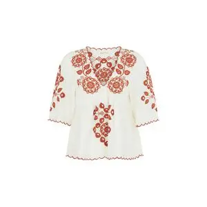 RAFFYA Aubrey White & Linen Blended Embroidered Blouse