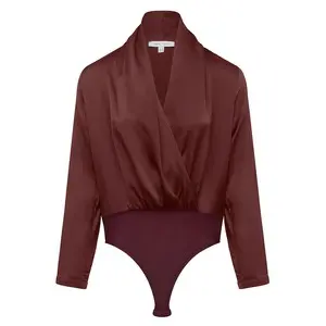 URBAN TOUCH Satin Wrap Front Bodysuit Chocolate - Brown
