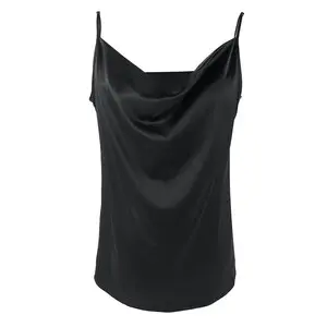 SOFT STROKES SILK Pure Mulberry Silk Cowl Neck Camisole, Spaghetti Strap - Black