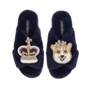 LAINES LONDON Artisan Corgi & Crown Brooch Faux Fur Slippers Blue