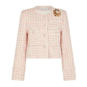 SOUR FIGS Brooch-detail Checked Bouclé Tweed Jacket In Dawn - Pink