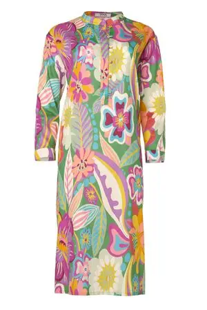 TIGER AND THE MONKEY The Andrea Cotton Floral Banded Collar Relaxed Shirt Dress - Green