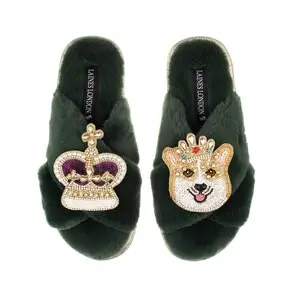 LAINES LONDON Limited Edition Classic Slippers With Artisan Corgi And Crown Brooches - Green