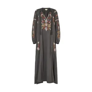 RAFFYA Elisa Kaftan Style Embroidered Maxi Dress - Grey