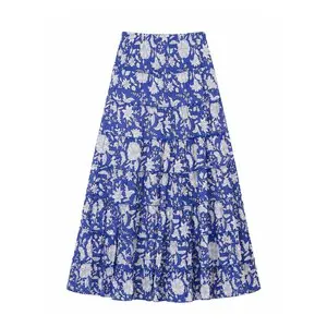 YUMI Floral Cotton Tiered Maxi Skirt - Blue