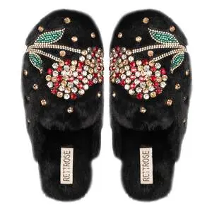 RETTROSE Georgie Luxury Plush Diamanté Embellished Handmade Slipper - Black