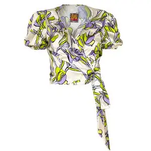 LALIPOP DESIGN Floral Pattern Double-breasted Satin Blouse - Purple