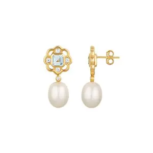 LULU B LONDON Topaz & Pearl Gemstone Flower Gold Stud Drop Earrings - Blue