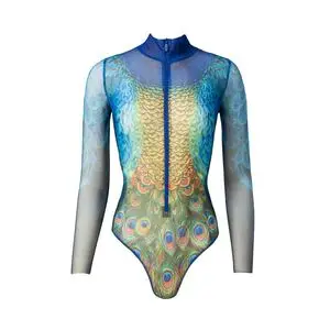 RODA SMARTSWIMWEAR Tan-through Mesh Long Sleeve Zipper One-piece Swimsuit - Blue