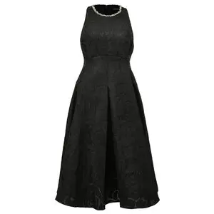 SMART AND JOY Textured Jacquard Fit And Flare Dress With Embellished Collar - Black