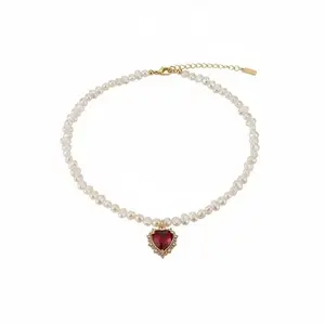 ANGEL BAROCCO Ruby Heart Baroque Pearl Necklace