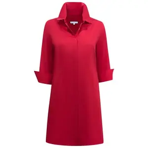 PERLAVERA Ciam Solid Cotton Satin Three Quarter Sleeve Length Slim Fit Mini Dress - Red