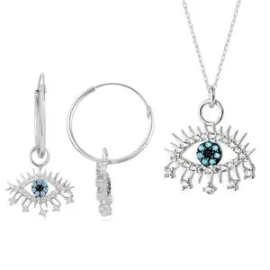SPERO LONDON Evil Eye Earring Blue Eye Sterling Pendant Eyelash Necklace & Earring Set - Silver