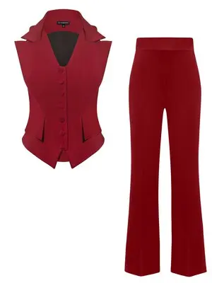 TIA DORRAINE Single-breasted Waistcoat & Trousers Set - Burgundy - Red
