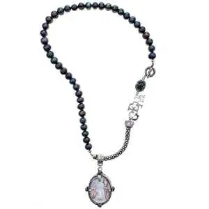 GEM KINGDOM Gem Kingdom Sterling Silver Hand-Carved Mother Of Pearl Cameo Necklace With Dark Grey Pearls And Onyx Silver/black