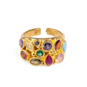 EBRU JEWELRY Blue / Gold / Yellow Teardrop Colorful Multi Gemstone & Gold Adjustable Statet Ring Multicolor - Blue/gold/yellow