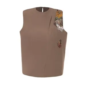 RONDOOZ Hand-painted Crepe Top With Embellished Butterfly Motif - Brown