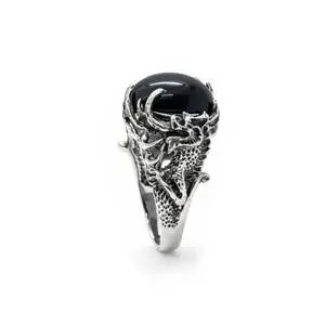 UNALOE Silver / Black Sterling Silver Dragon Ring With Black Onyx Jewelry For - Silver/black