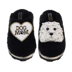 LAINES LONDON Teddy Towelling Closed Toe Slippers With Queenie The Bichon Frise And Dog Mum Brooches - Black