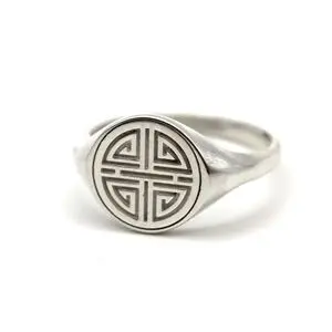 VICSTONENYC FINE JEWELRY Long Healthy Life Pattern Signet Ring Handmade - Silver