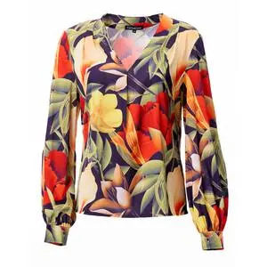 CARLOSLINES V-neck Pleat Detail Balloon Long Sleeve Blouse In Digital Floral Print - Blue