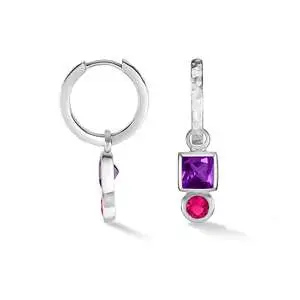 DOWER & HALL Square Amethyst Hammered Huggie Hoops - Silver