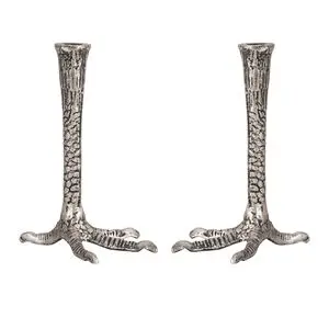 LILA RASA Distressed Nickel Bird Feet Candle Stand Set Of 2 - Silver